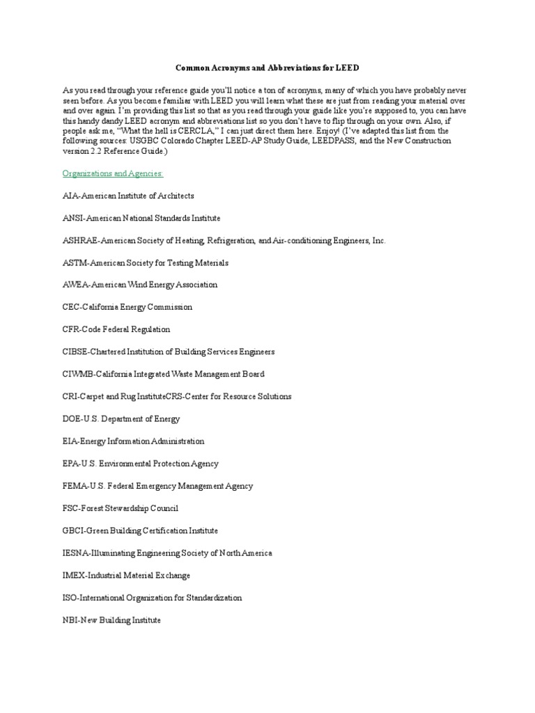 LEED Acronyms and Abbreviations Guide | PDF