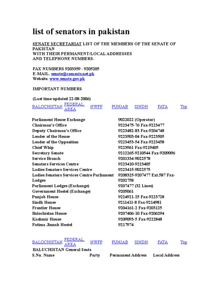 Pakistan Senate Members Contact List | PDF | Parliament Of Pakistan ...