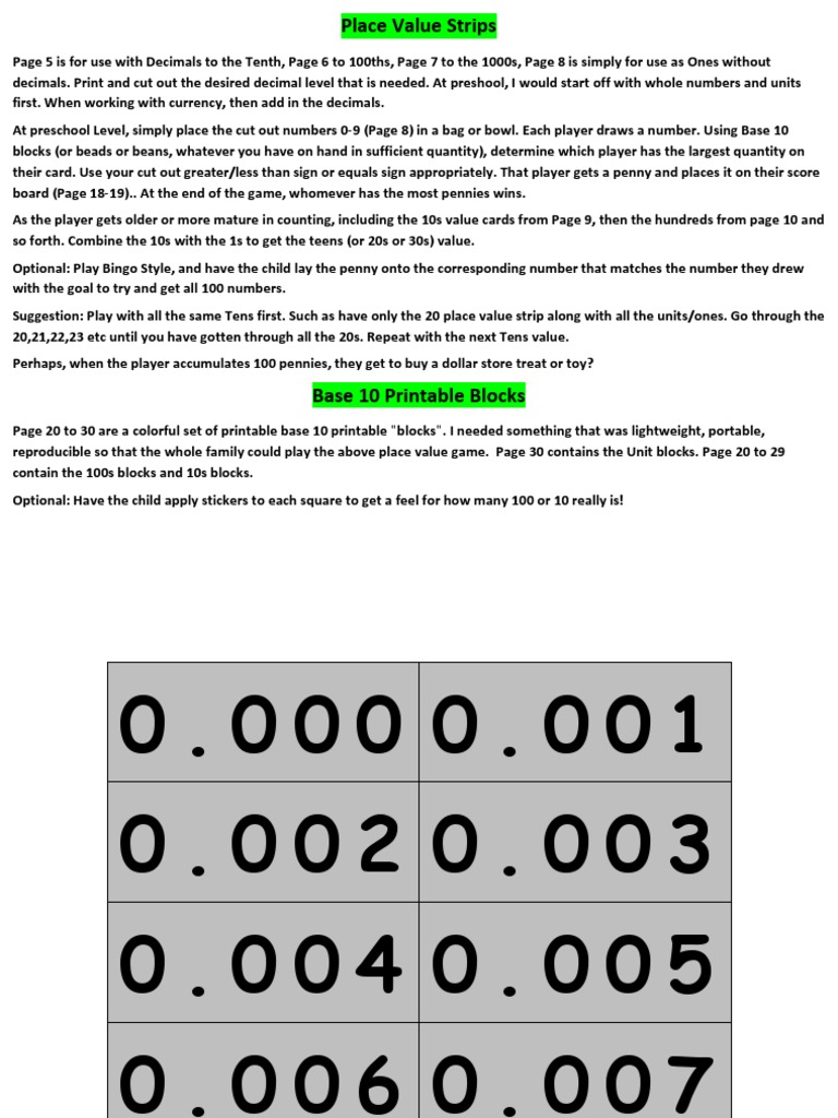 Place Value Strips and Base 10 Blocks Printable | PDF | Decimal | Currency