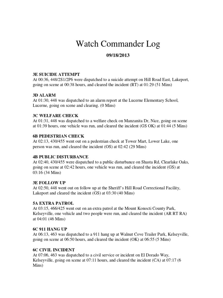 Watch Commander Log: 3E Suicide Attempt | PDF | Crime & Violence ...