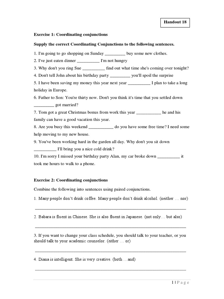 Exercise Coordinator Subordinator Conjunctive Adverbs - Handout 18 | PDF