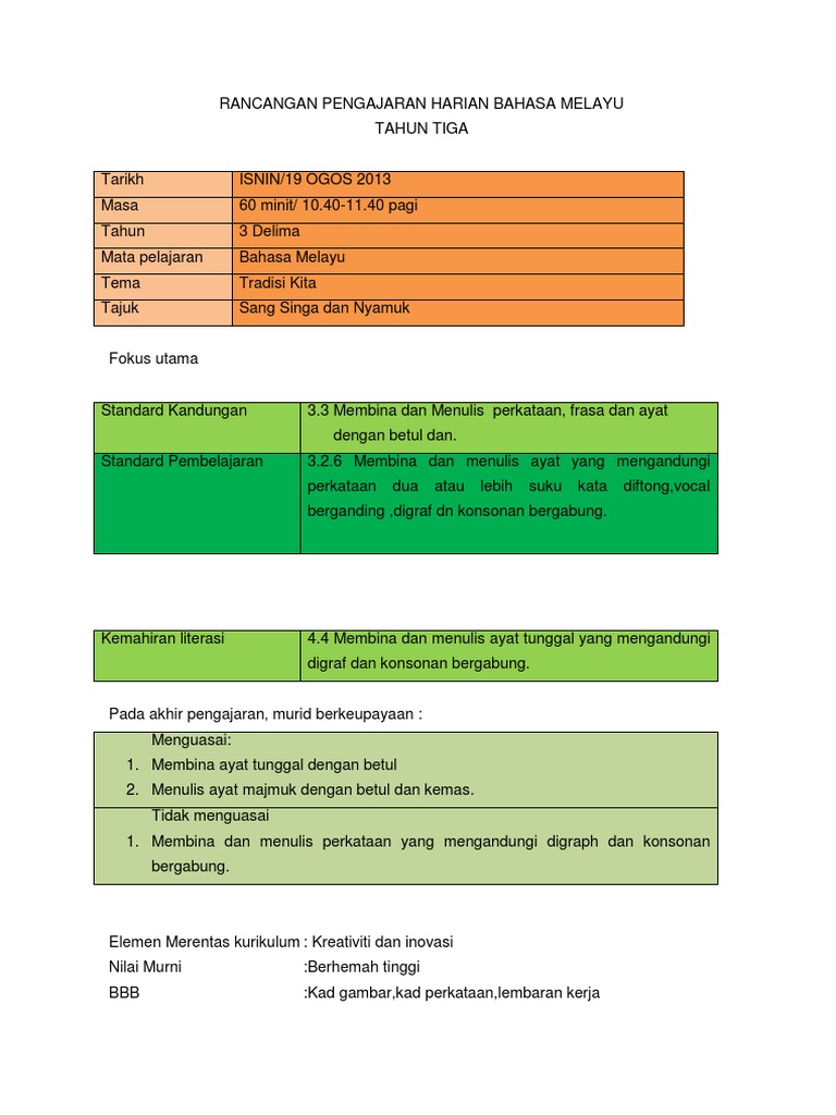 Rancangan Pengajaran Harian Bahasa Melayu - Linus | PDF