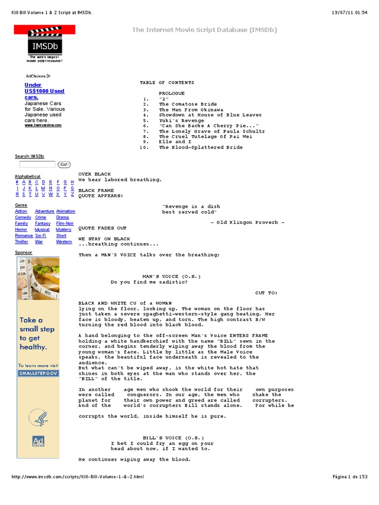 Kill Bill Volume 1 & 2 Script at IMSDb. | PDF | Leisure