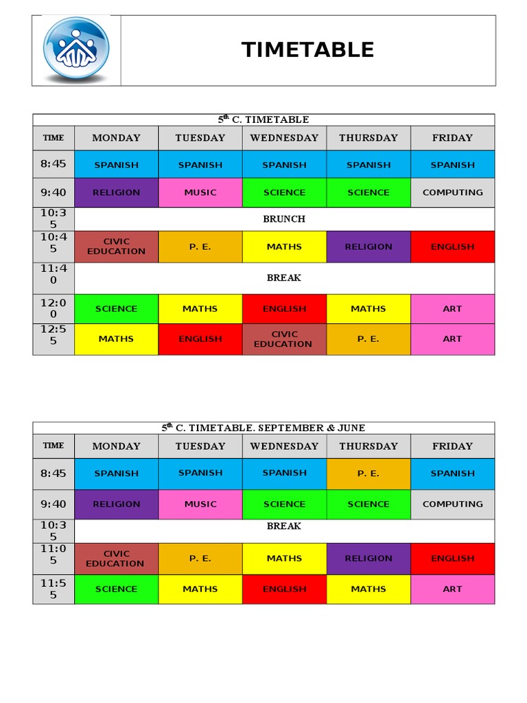5th Grade Class Timetable | PDF