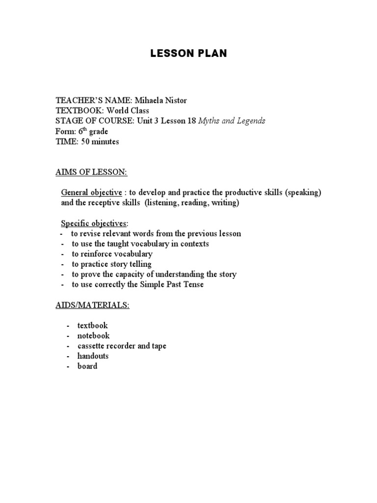 Myths and Legends Lesson Plan | PDF | Vocabulary | Lesson Plan