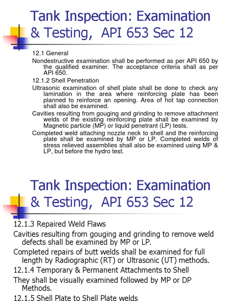 Tank Inspection Procedures: API 653 | PDF | Welding | Construction