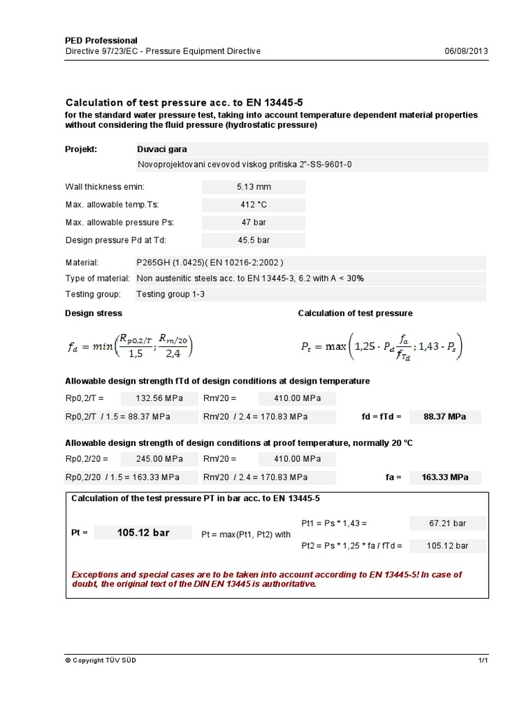 Calculation of Test Pressure Acc. To EN 13445-5 | PDF