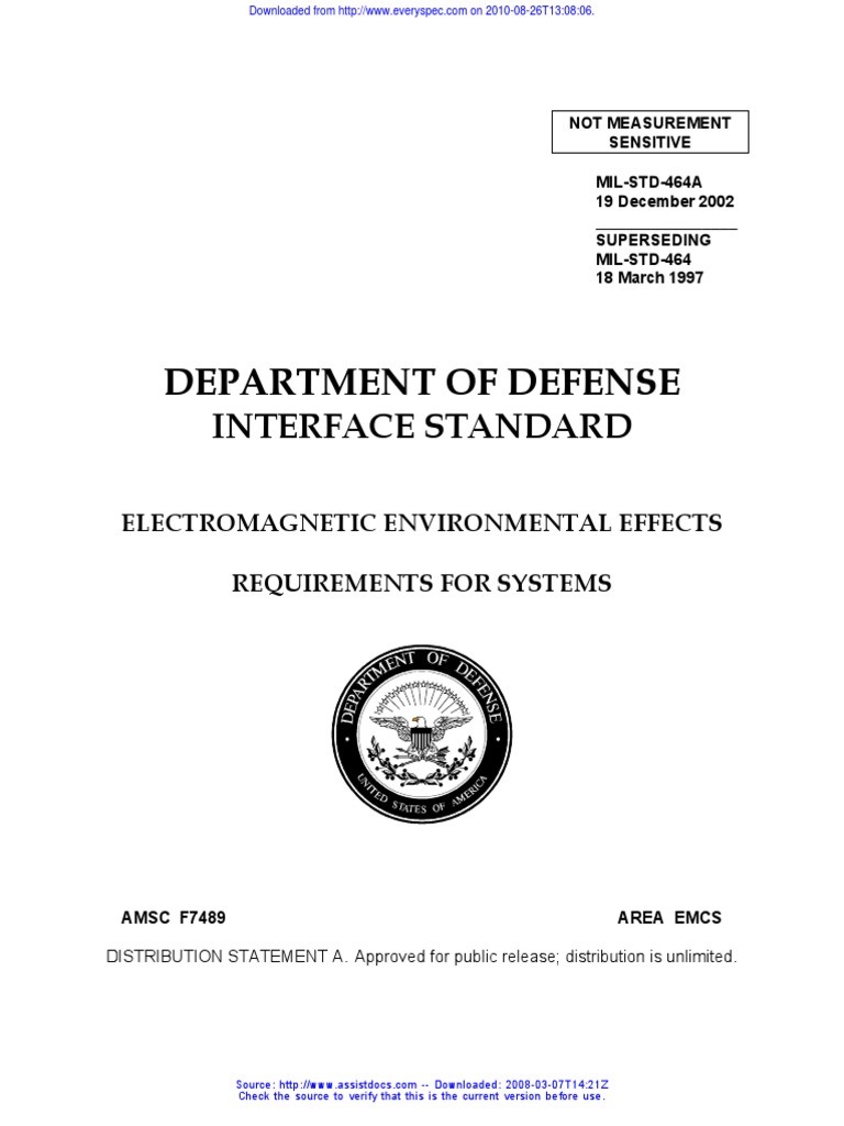 Mil STD 464a | PDF | Electromagnetic Compatibility | Verification And Validation