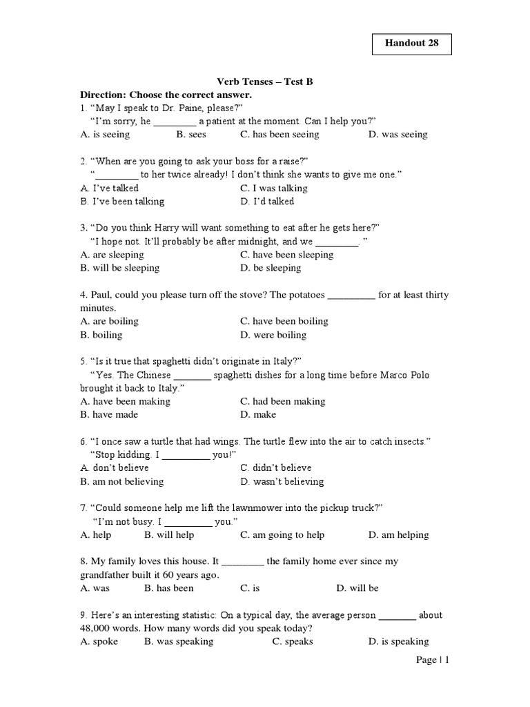 Verb Tenses 2 - Handout 28 | PDF