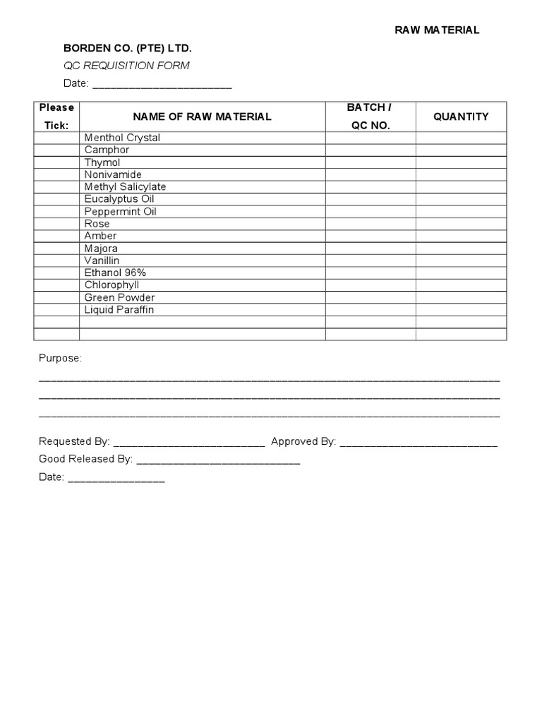 QC Requisition Form (Raw Material) | PDF