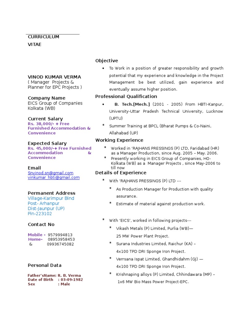 Curriculum Vitae: (Manager Projects & Planner For EPC Projects) | PDF | Engineering | Science