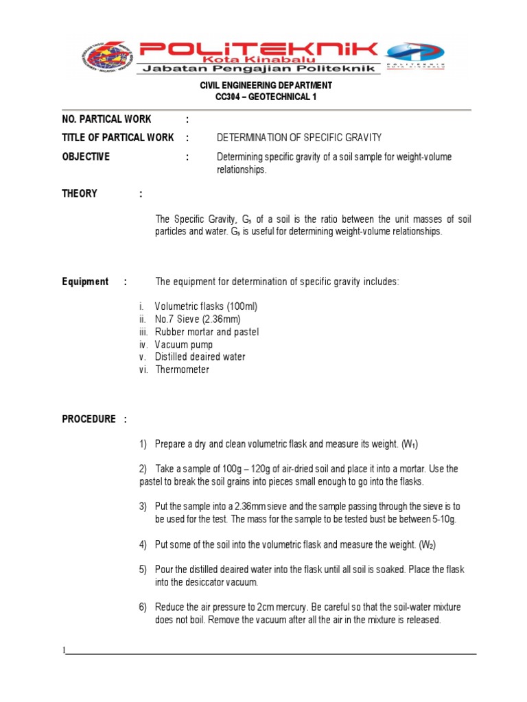 Lab Sheet - Specific Gravity | PDF | Geotechnical Engineering | Soil
