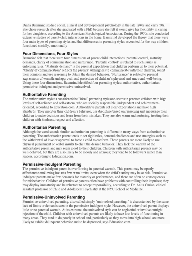 Baumrind's Four Parenting Styles Explained | PDF | Parenting ...