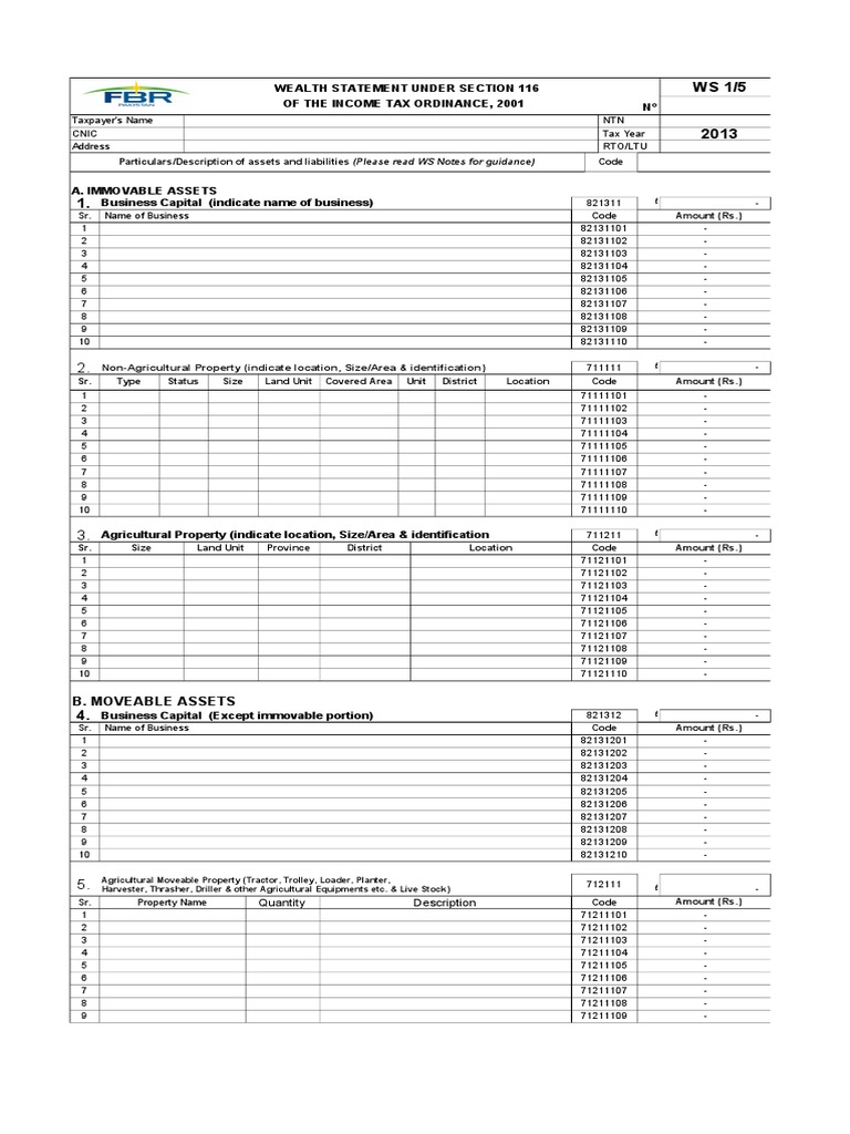 FBR Wealth Statement Format 2013 | PDF | Debits And Credits | Balance Sheet