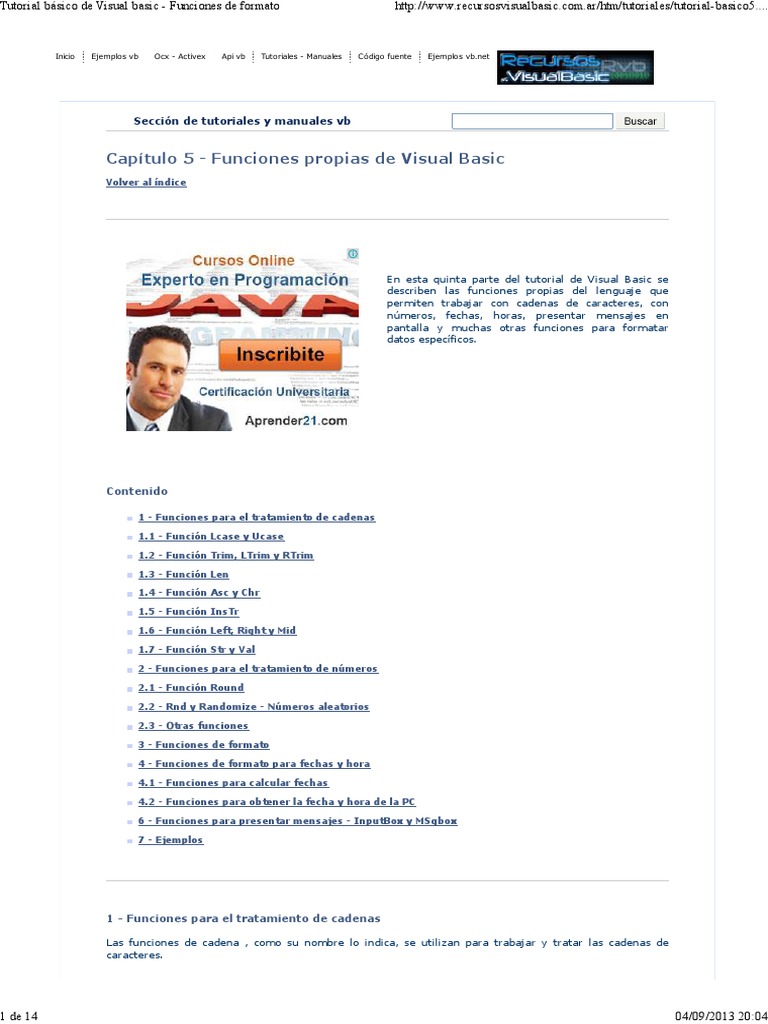 Tutorial Básico de Visual Basic - Funciones de Formato | PDF | Básico | Comillas
