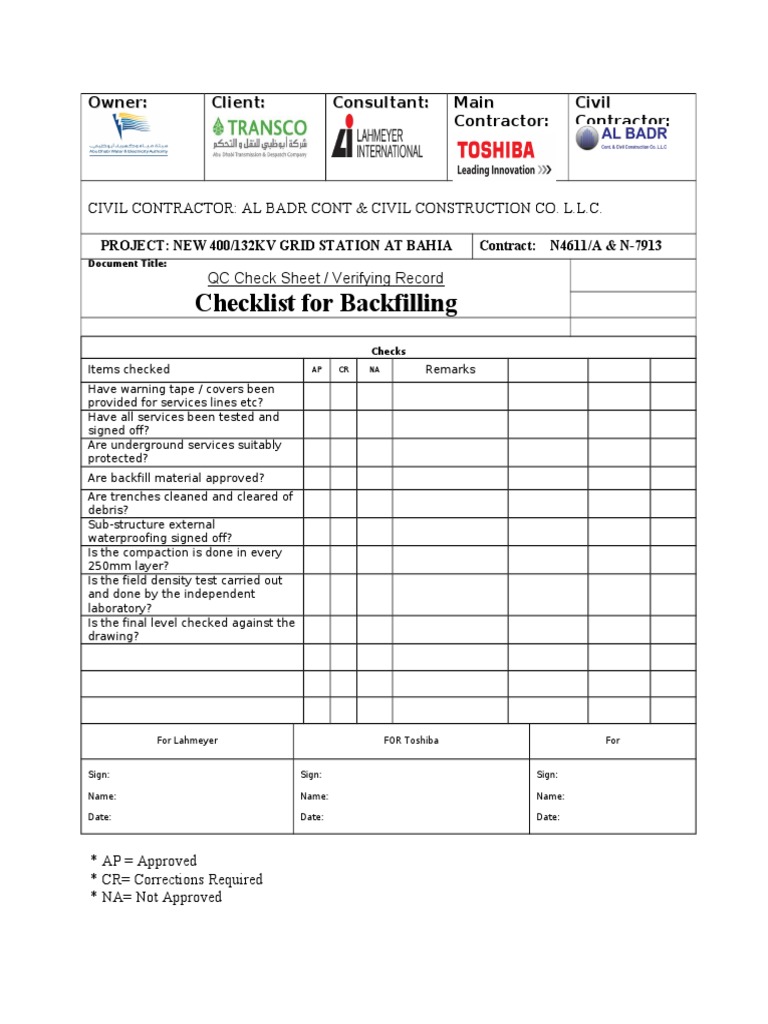 Checklist For Backfilling | PDF