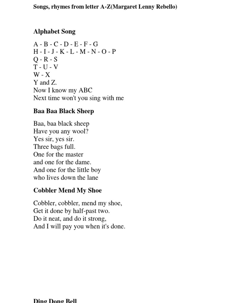 Alphabet Rhymes A-Z For Pre-Primary | PDF