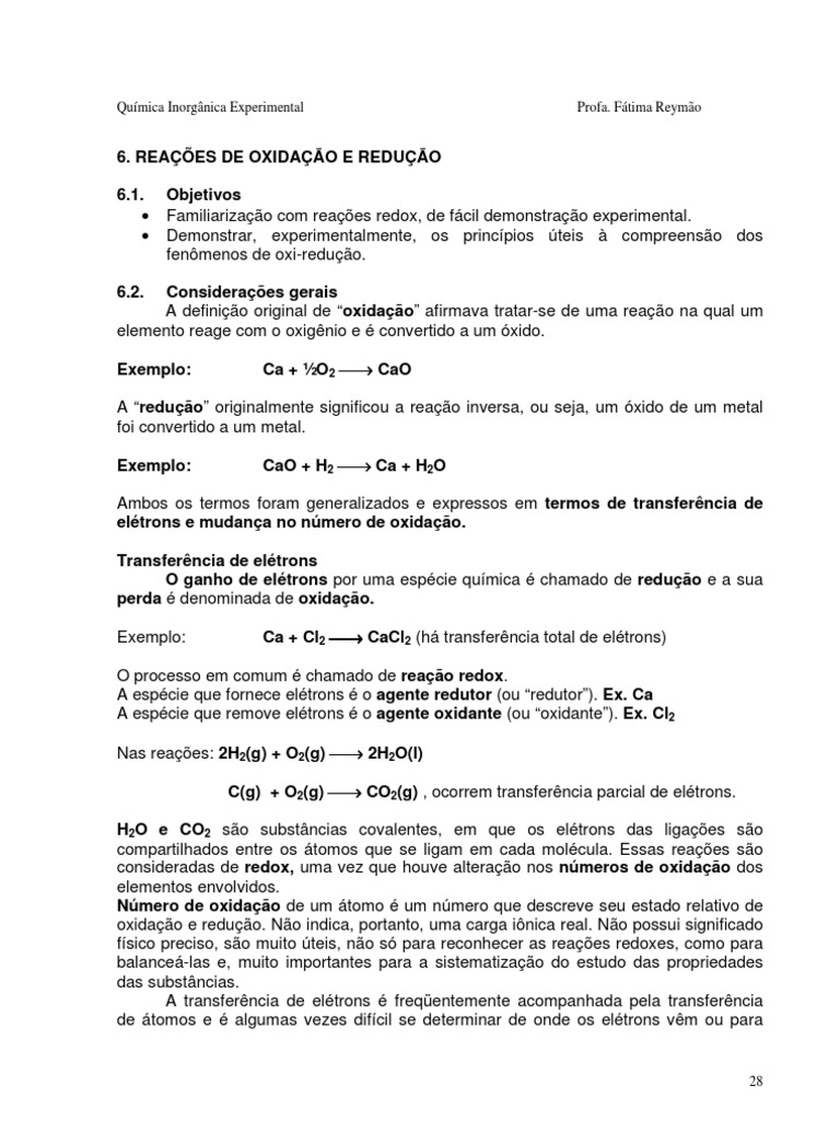 Reações de Oxidação e Redução | PDF | Redox | Reações químicas