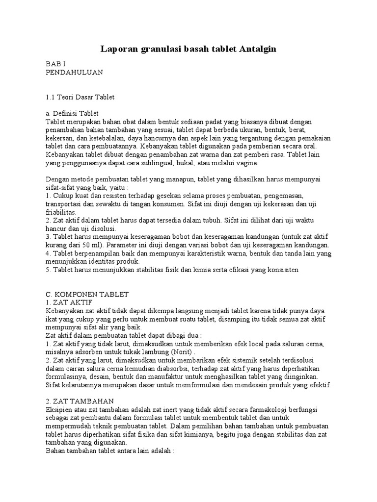 Laporan Granulasi Basah Tablet Antalgin | PDF | Kesehatan Holistik