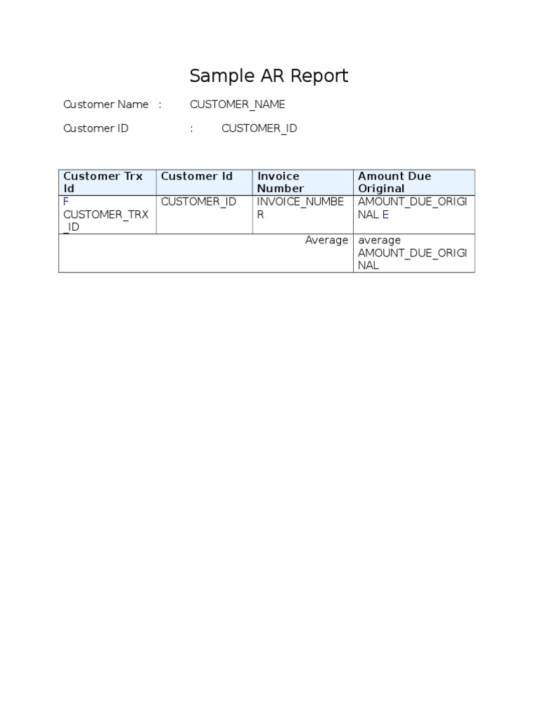 Sample AR Report: Customer Name: Customer - Name Customer ID: Customer ...