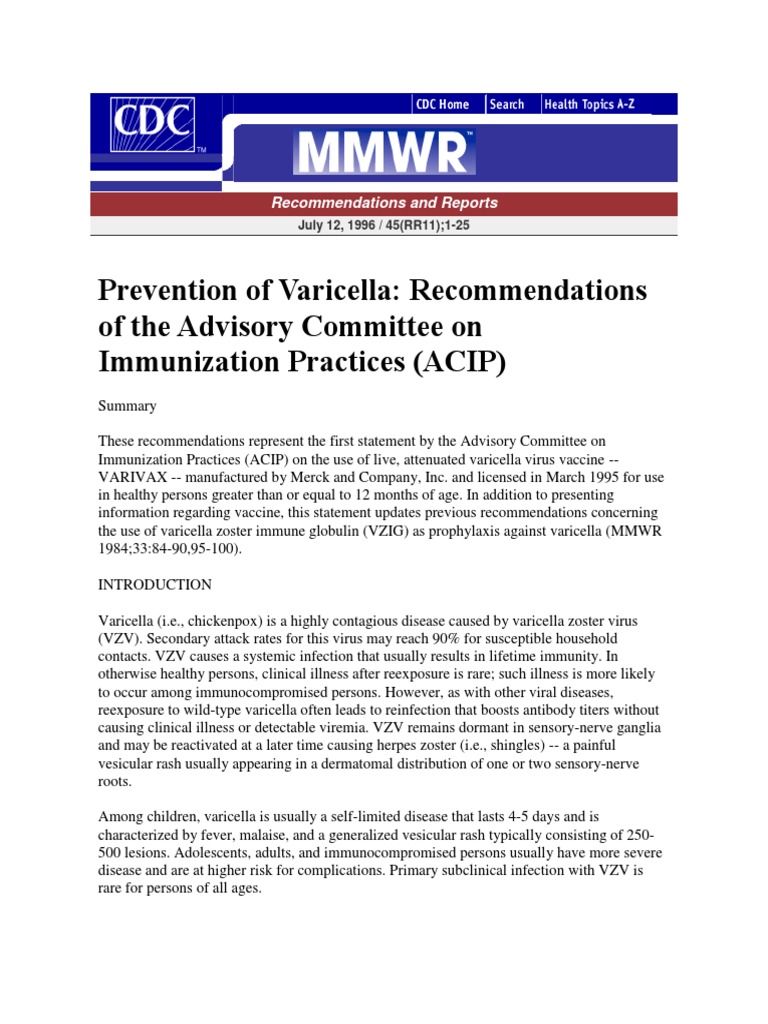 Prevention of Varicella: Recommendations of The Advisory Committee On ...