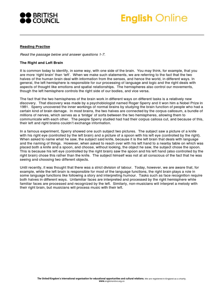 Ielts Reading Brain | PDF | Lateralization Of Brain Function | Cerebral ...