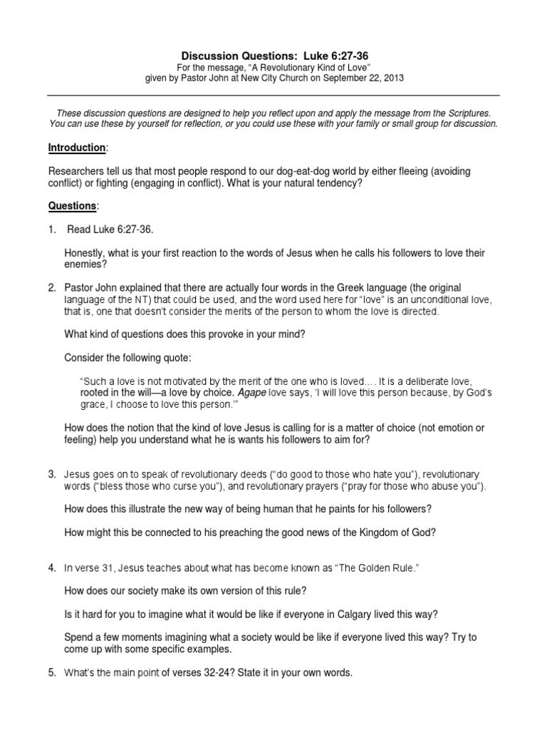 Reflection Questions Luke 6 27 36 The Gospel Epistle To The Romans