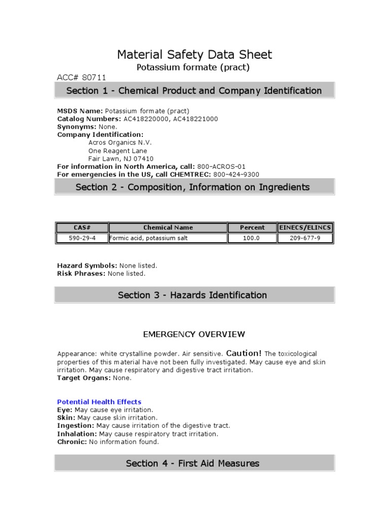 Potassium Formate MSDS | Dangerous Goods | Hazardous Waste