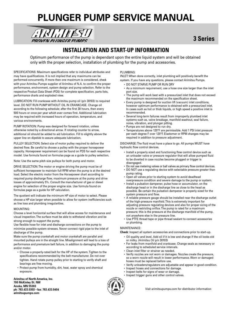 Plunger Pump Service Manual: Installation and Start-Up Information ...