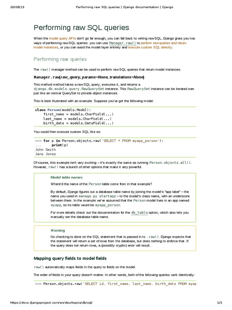 Performing Raw Sql Queries Django Documentation Django Pdf Database Index Databases