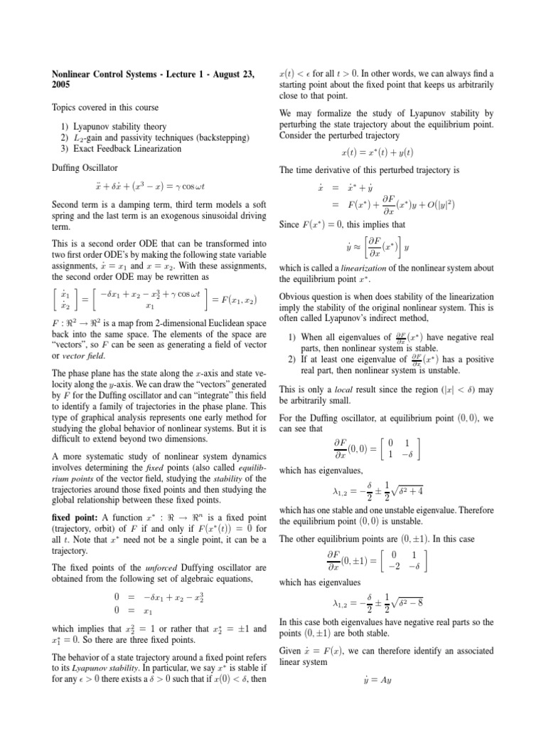 Nonlinear Control Systems - Lecture 1 - August 23, 2005: Rium Points of The Vector Field ...