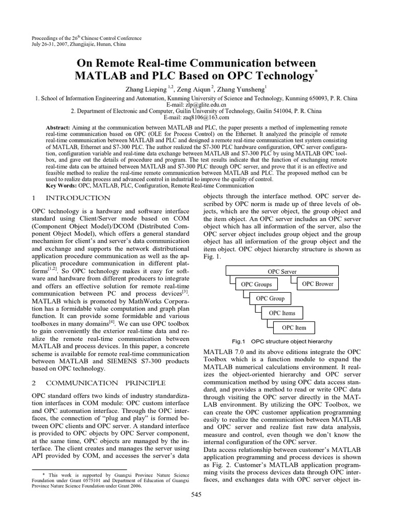 On Remote Real-Time Communication Between MATLAB and PLC Based On OPC Technology | PDF | Object ...