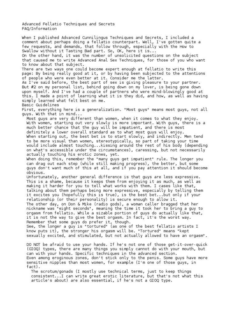 Advanced Fellatio Techniques and Secrets | PDF | Fellatio | Orgasm