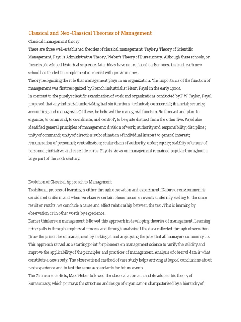 Classical and Neo Classical Approach of Management | PDF