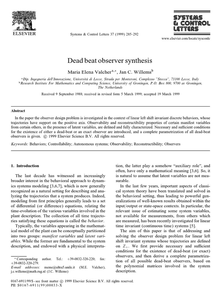 Dead Beat Observer Synthesis: Maria Elena Valcher, Jan C. Willems | PDF ...