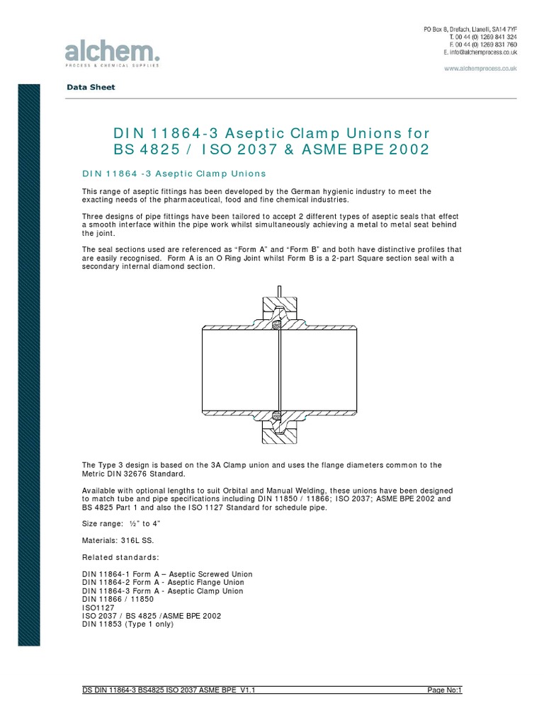 DIN 11864-3 Aseptic Clamp Unions For BS 4825 / ISO 2037 & ASME BPE 2002 | PDF | Pipe (Fluid ...