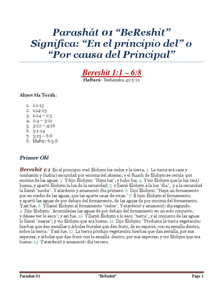 Parashát 01 BeReshit | PDF | Estudios de idiomas extranjeros