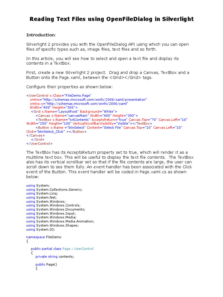 Silverlight: Reading Text Files Using Open File Dialog in Silver Light | Download Free PDF ...