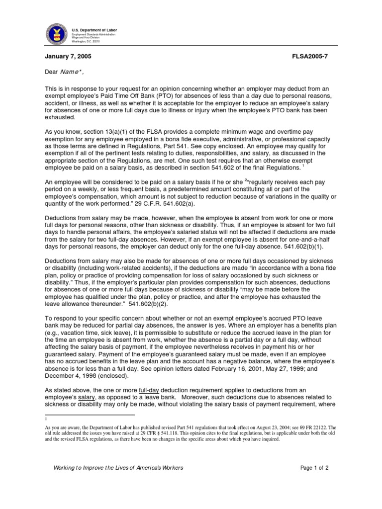 Department of Labor: 2005 01 07 7 FLSA PaidTimeOff | PDF | Salary ...