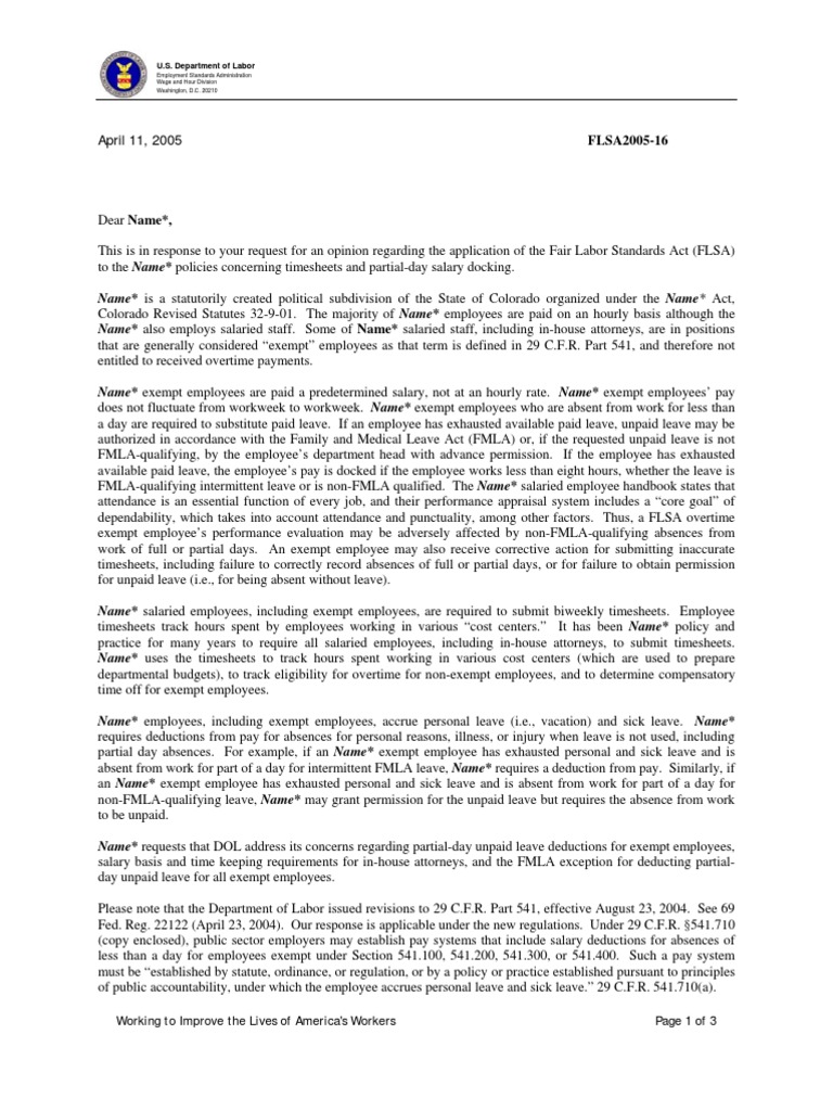 Department of Labor: 2005 04 11 16 FLSA Timesheet | PDF | Family And ...