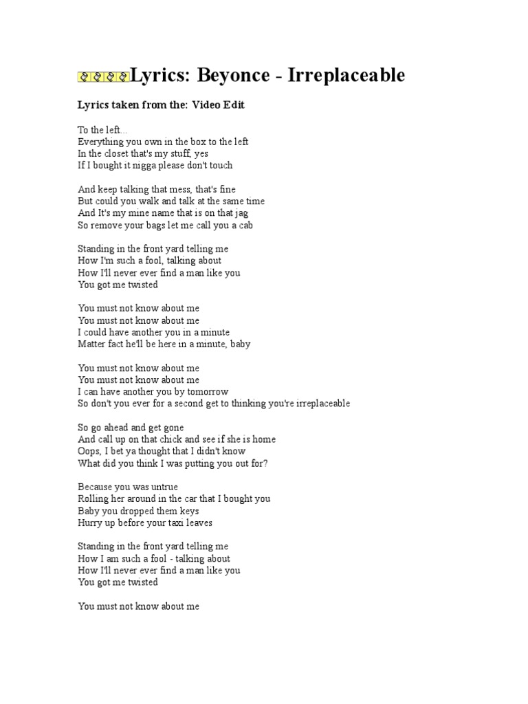 Lyrics: Beyonce - Irreplaceable: Lyrics Taken From The: Video Edit ...