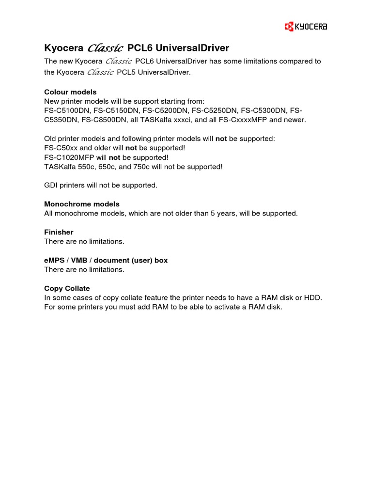 Kyocera Classic UniversalDriver PCL6 | PDF | Printer (Computing ...