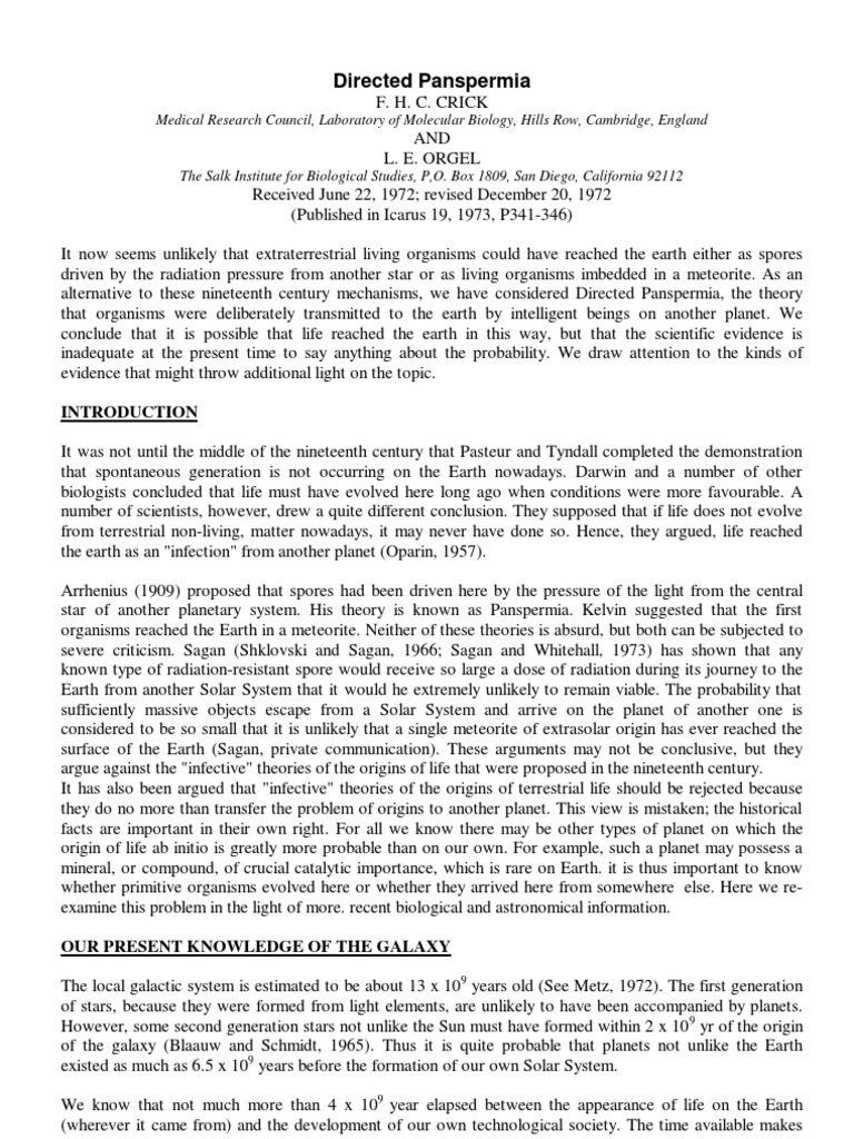 Directed Panspermia F. H. C. CRICK and L. E. Orgel | PDF | Abiogenesis ...