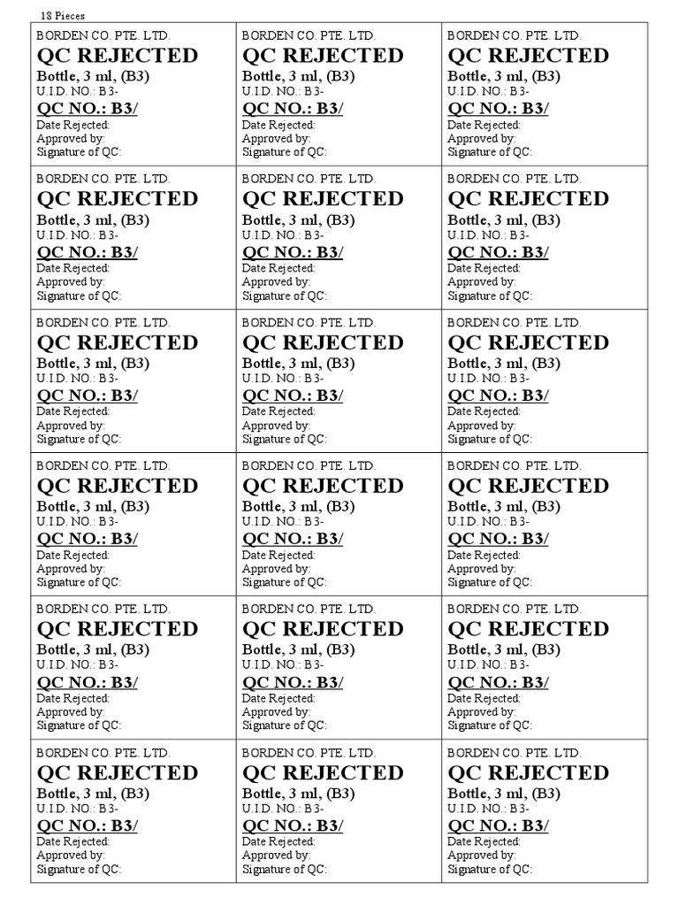 Rejected Label - Bottle, 3 ML, (B3) | PDF
