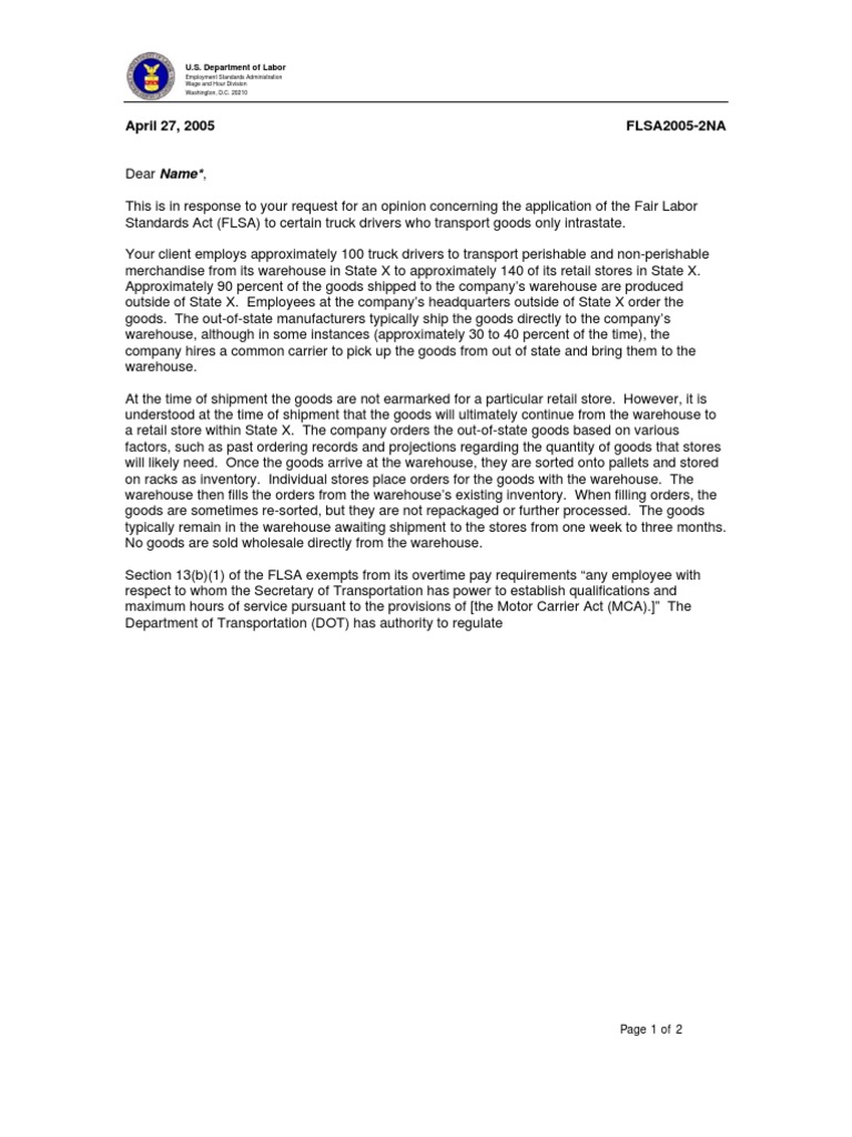Department of Labor: 2005 04 27 2NA FLSA TruckDrivers | Download Free ...