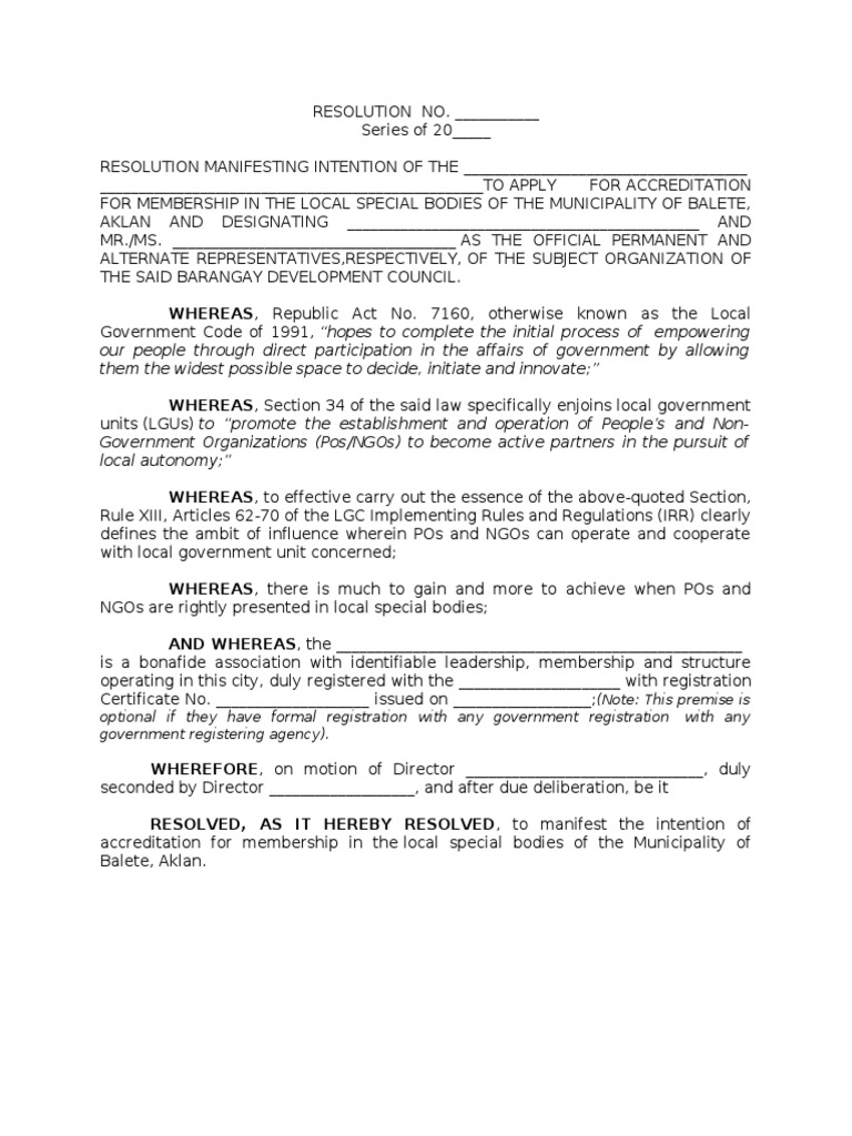 Draft Resolution Manifesting Intention to Be Accredited by the ...