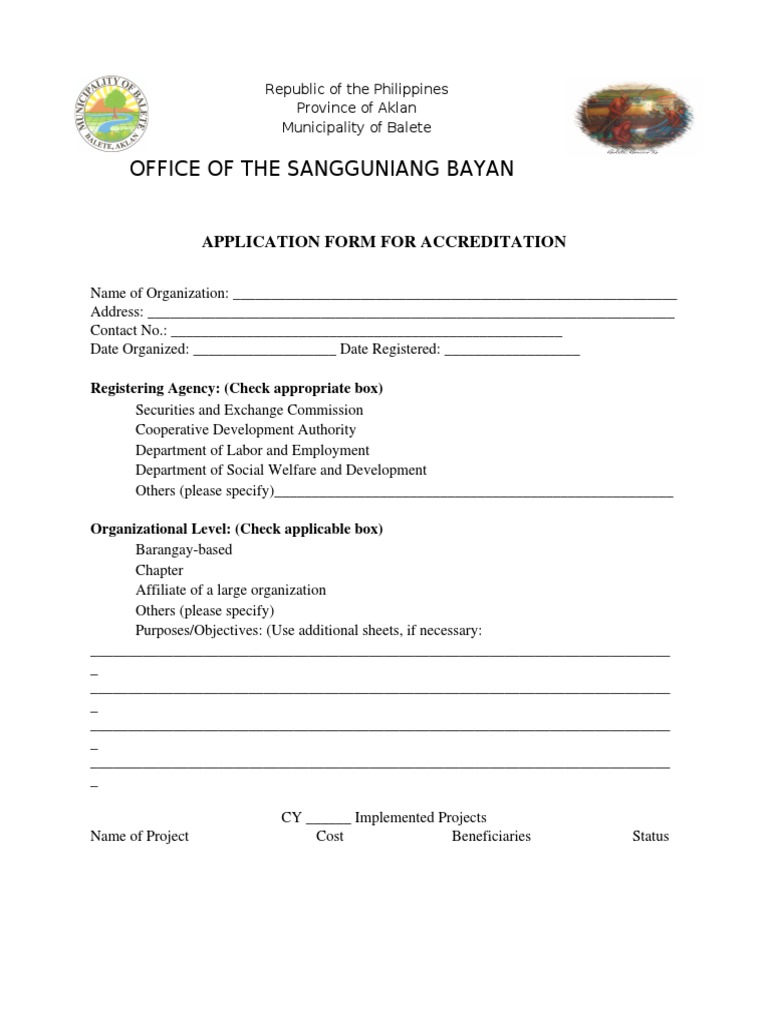 Application Form For Accreditation of The Municipality of Balete, Aklan ...