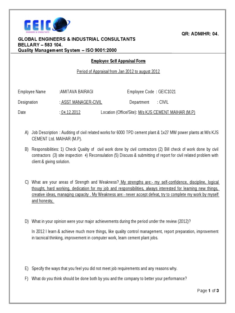 Amit Bairagi Self Appraisal Form | PDF | Quality Management | Iso 9000