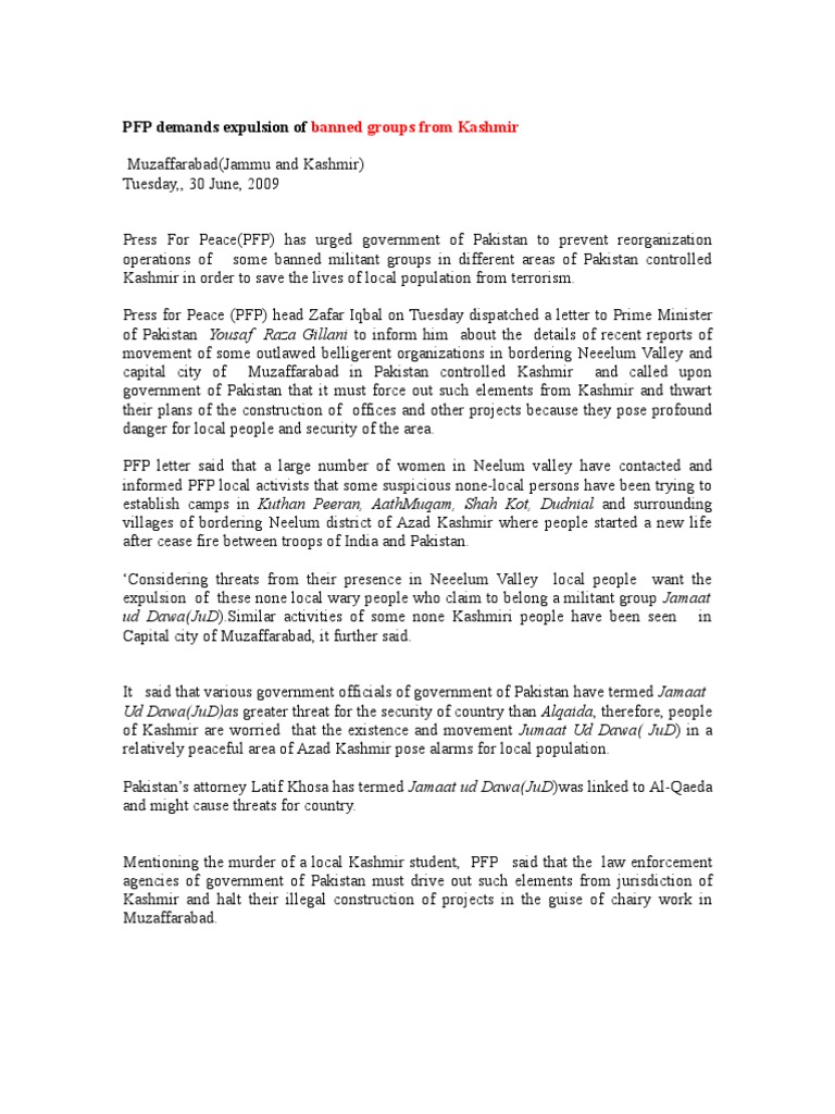 PFP Demands Expulsion of Banned Groups From Kashmir | PDF