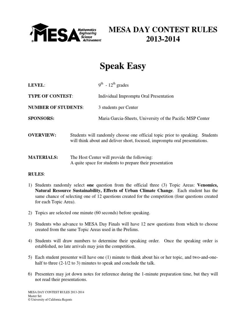 Speak Easy: Mesa Day Contest Rules 2013-2014 | Download Free PDF ...